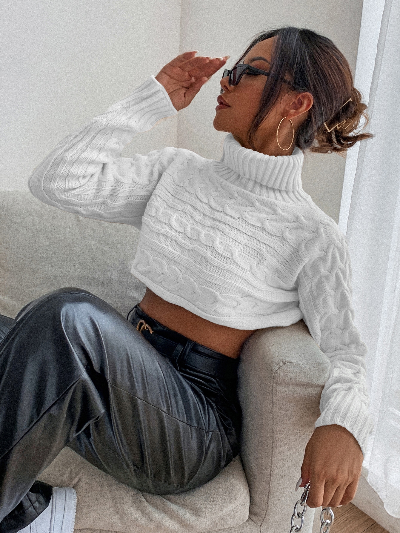 SHEIN Essnce Cable Knit Turtle Neck Crop Sweater | SHEIN USA