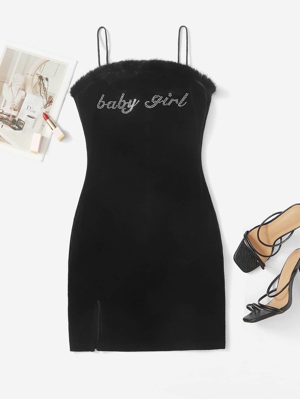 SHEIN Rhinestone Letter Fuzzy Trim Split Hem Velvet Bodycon Dress ...