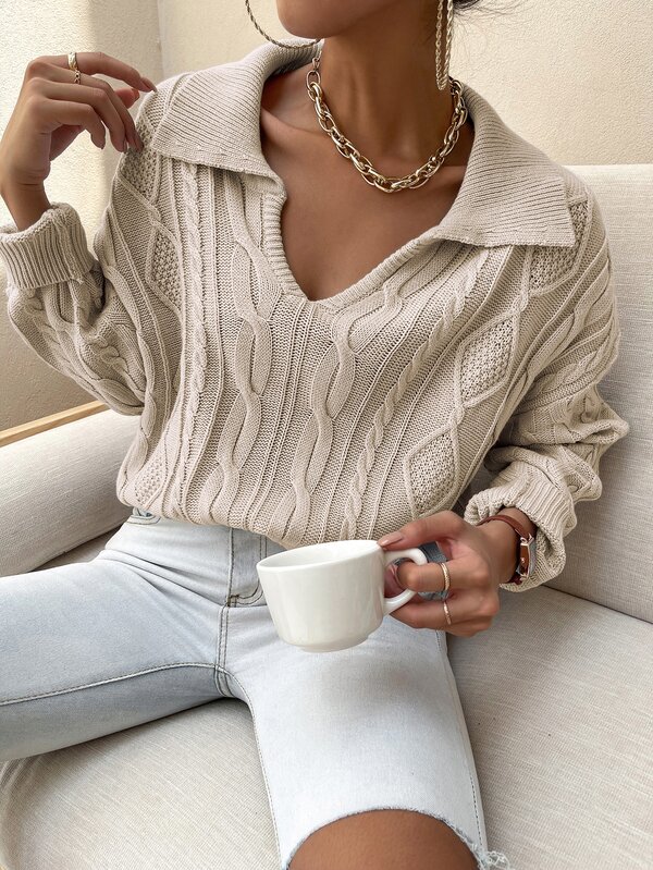 SHEIN Essnce V-neck Collared Cable Knit Sweater | SHEIN USA