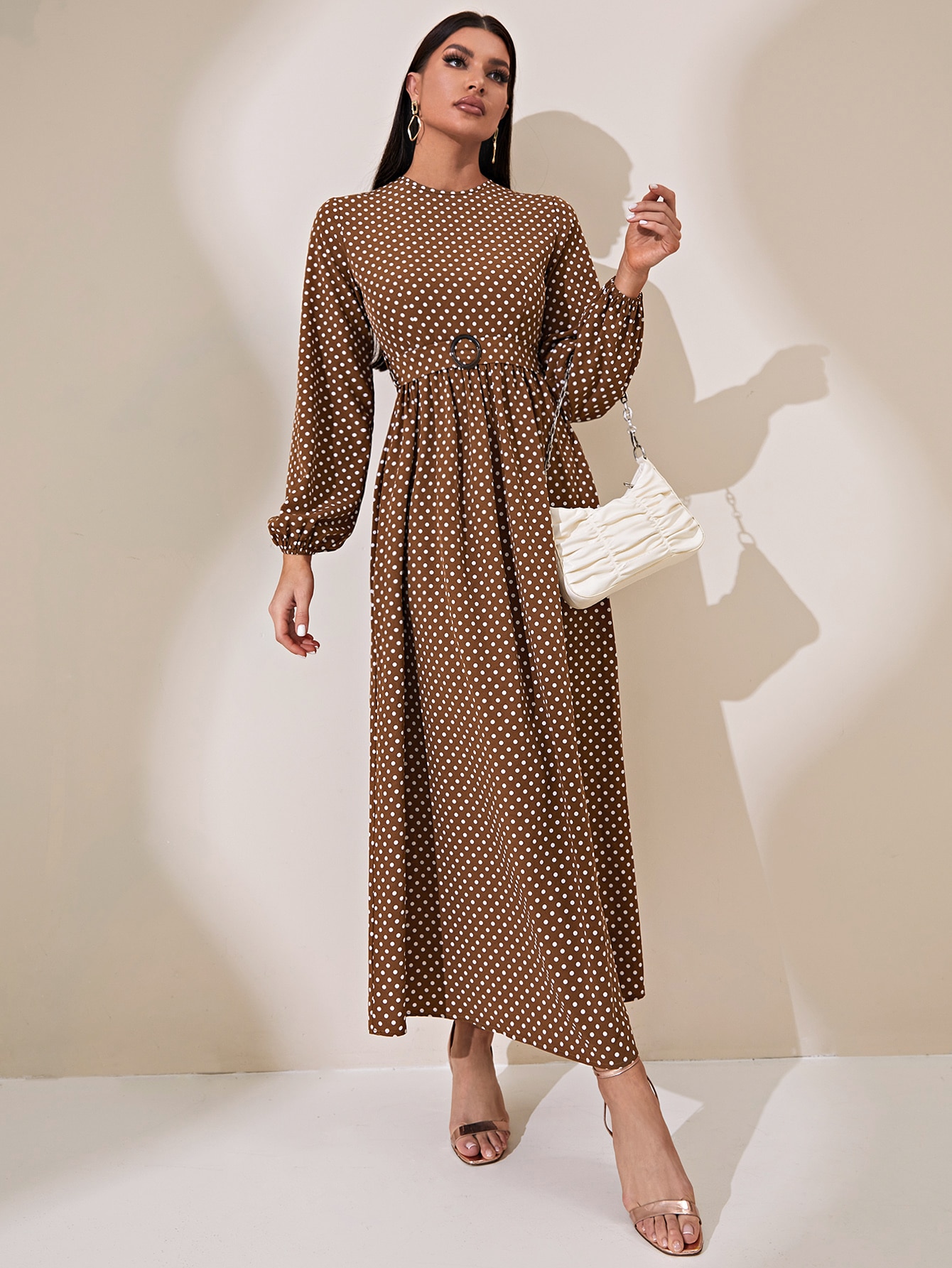 Polka Dot Print Lantern Sleeve Belted Dress | SHEIN USA