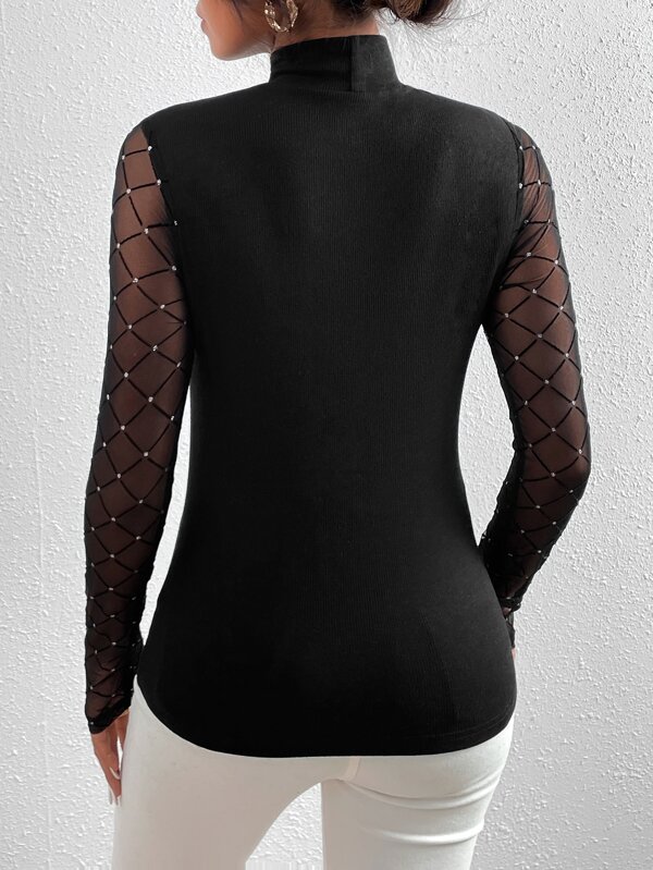 SHEIN Privé Rhinestone Insert Contrast Mesh High Neck Tee | SHEIN EUR