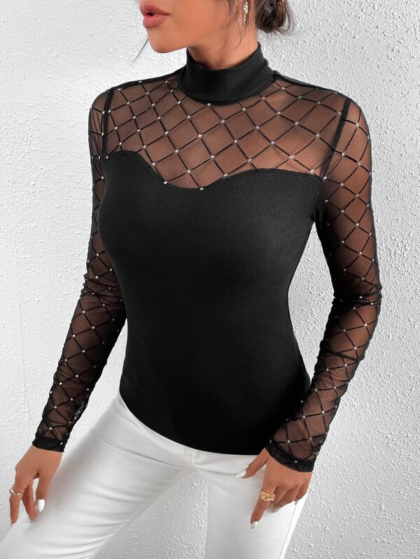 SHEIN Privé Rhinestone Insert Contrast Mesh High Neck Tee | SHEIN EUR