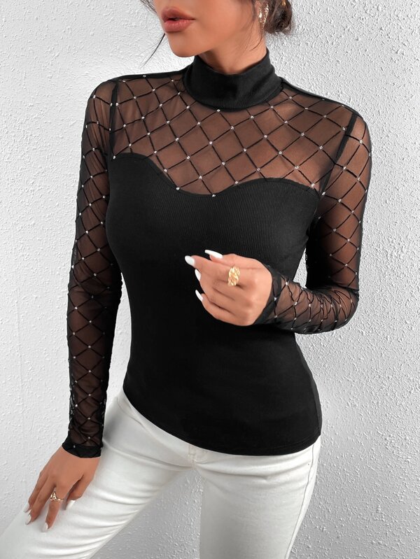 SHEIN Privé Rhinestone Insert Contrast Mesh High Neck Tee | SHEIN EUR