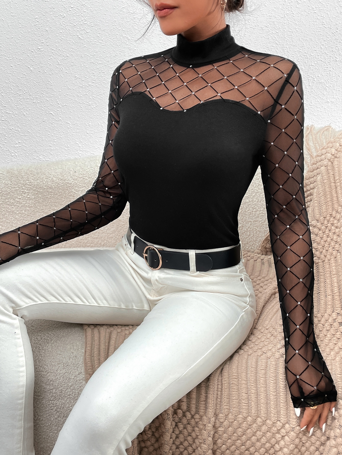 SHEIN Privé Rhinestone Insert Contrast Mesh High Neck Tee | SHEIN EUR