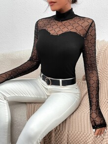 SHEIN Privé Rhinestone Insert Contrast Mesh High Neck Tee | SHEIN EUR