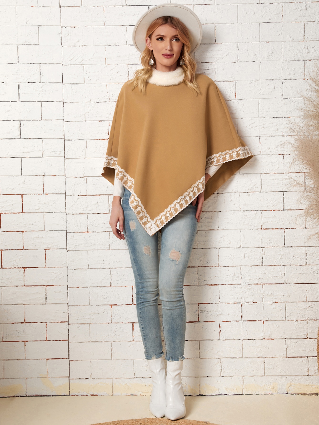 Borg Collar Lace Trim Poncho Overcoat | SHEIN USA