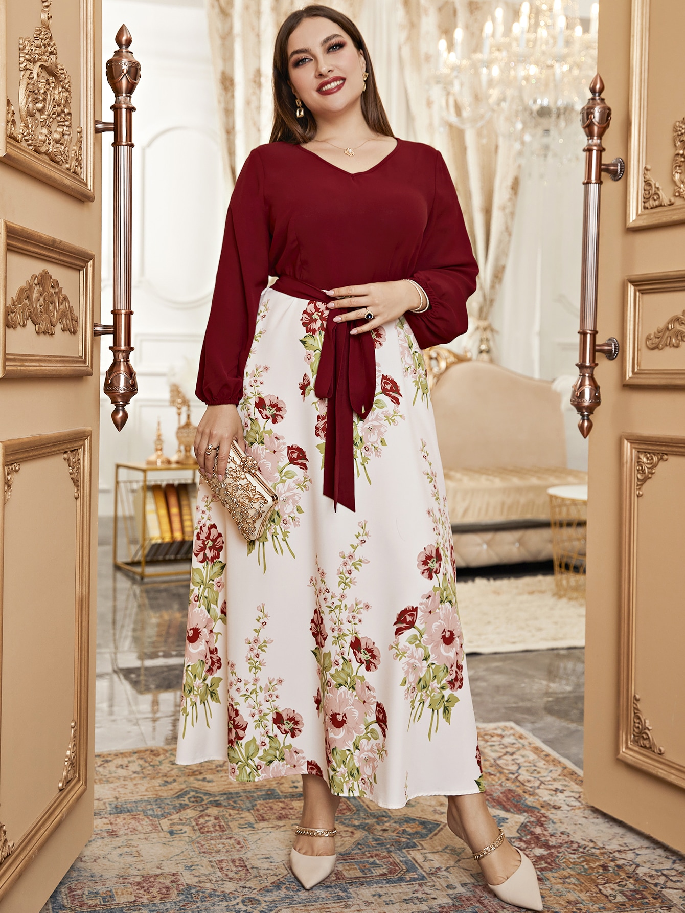 SHEIN Modely Vestido con estampado floral al azar de manga farol con ...