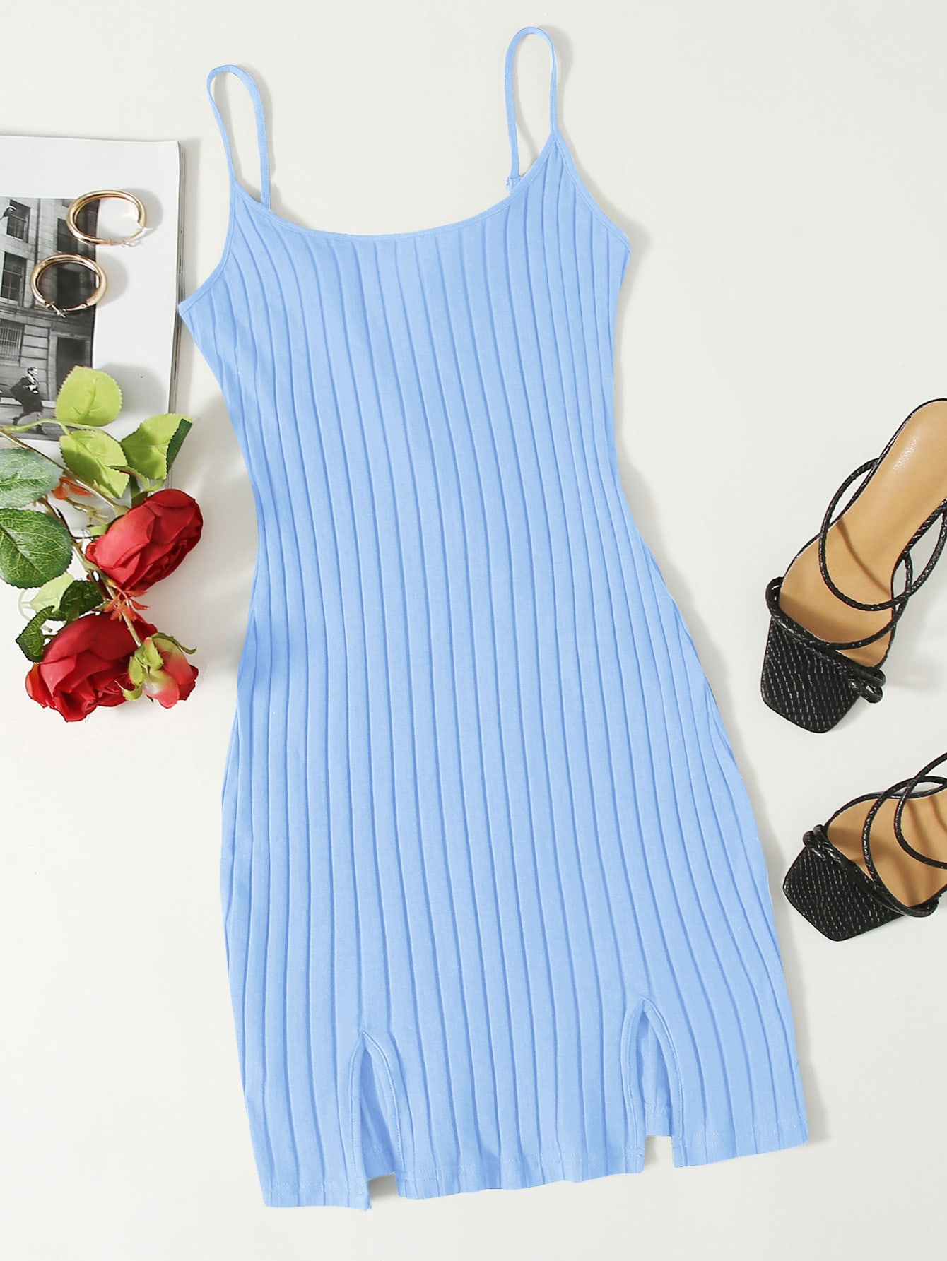 SHEIN EZwear Ribbed Cami M-Slit Bodycon Mini Dress | SHEIN UK