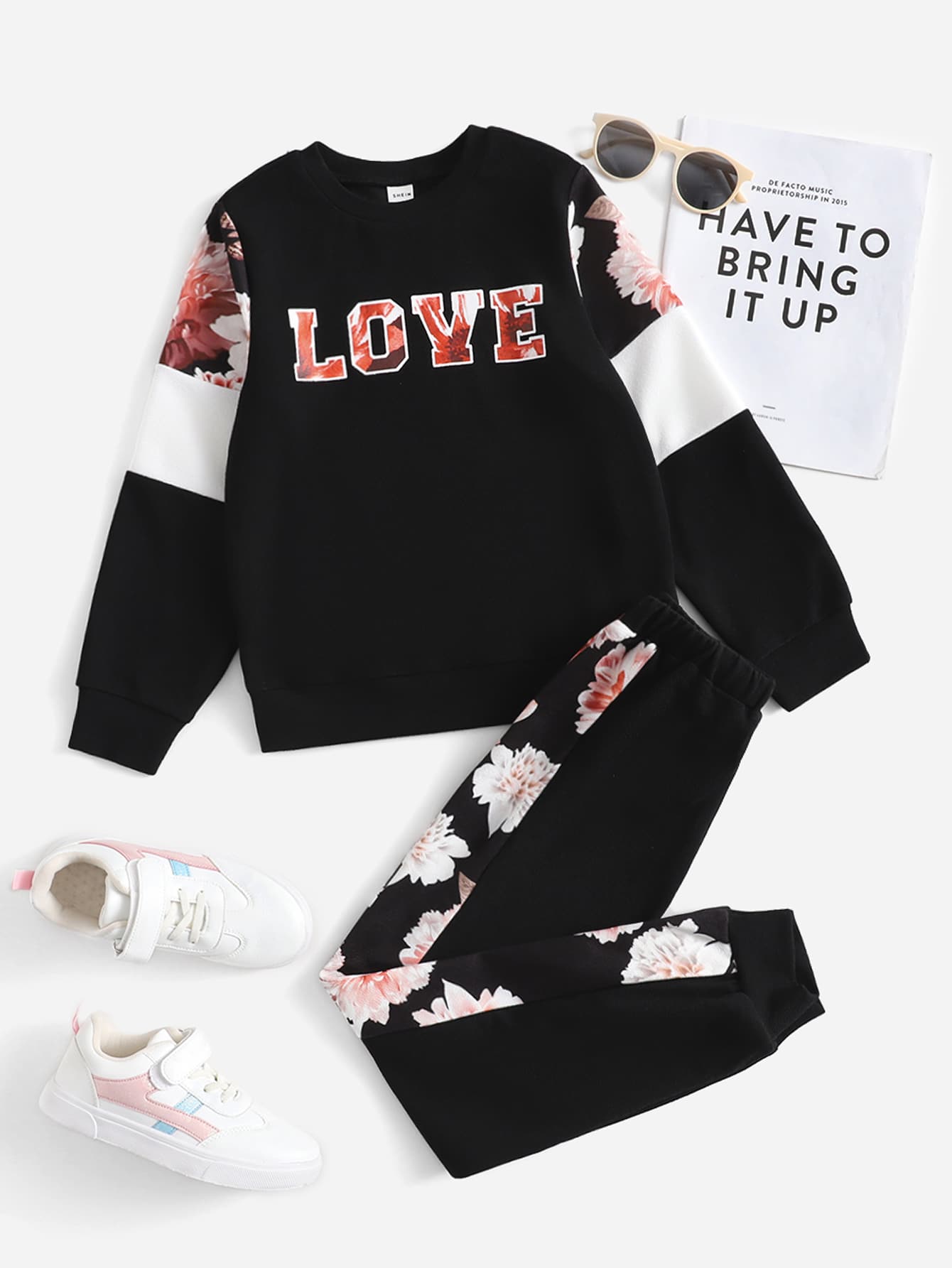 SHEIN Kids EVRYDAY Girls Letter And Floral Print Sweatshirt & Joggers ...
