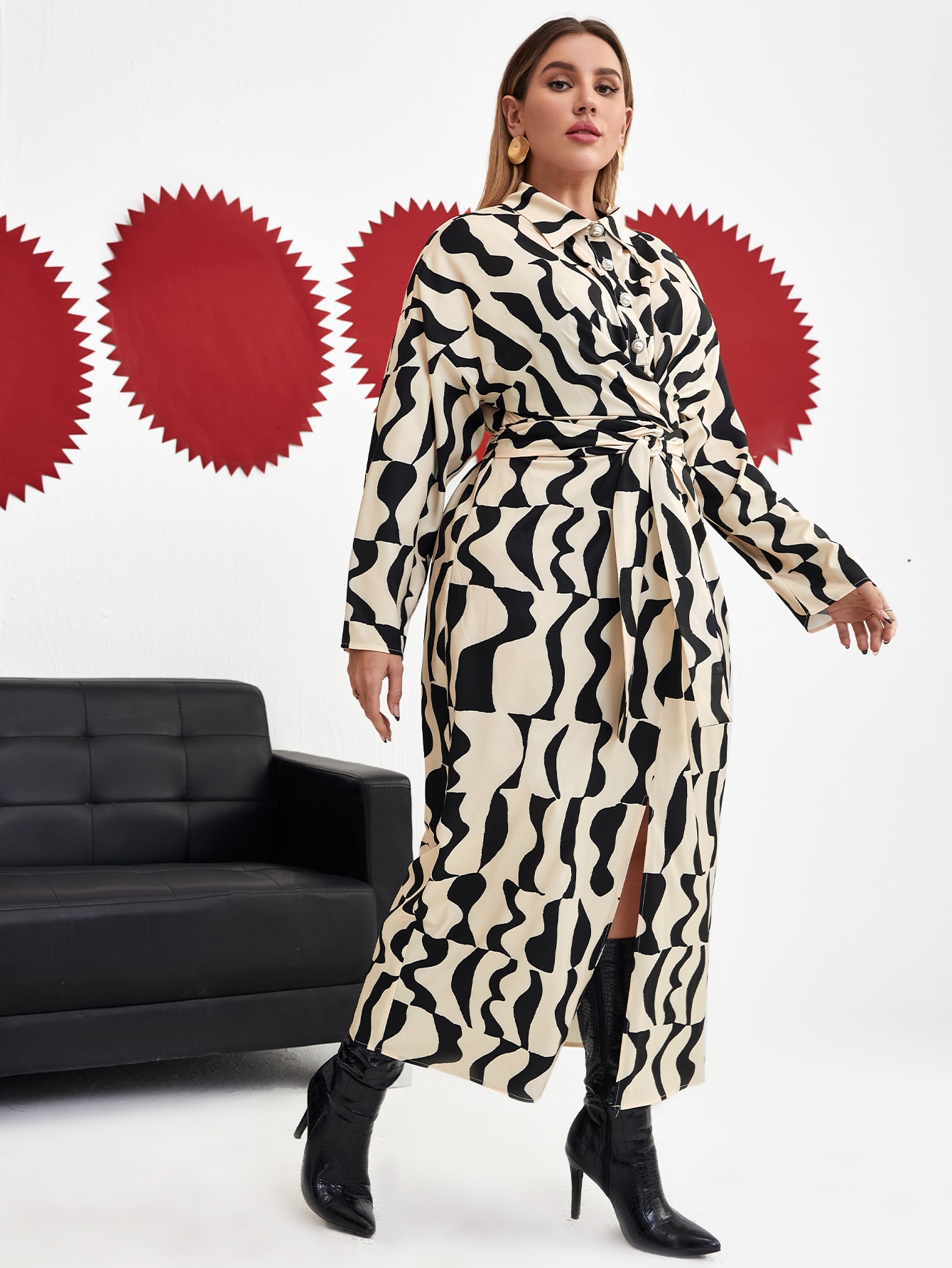 SHEIN Plus Geo Print Drop Shoulder Belted Shirt Dress | SHEIN USA