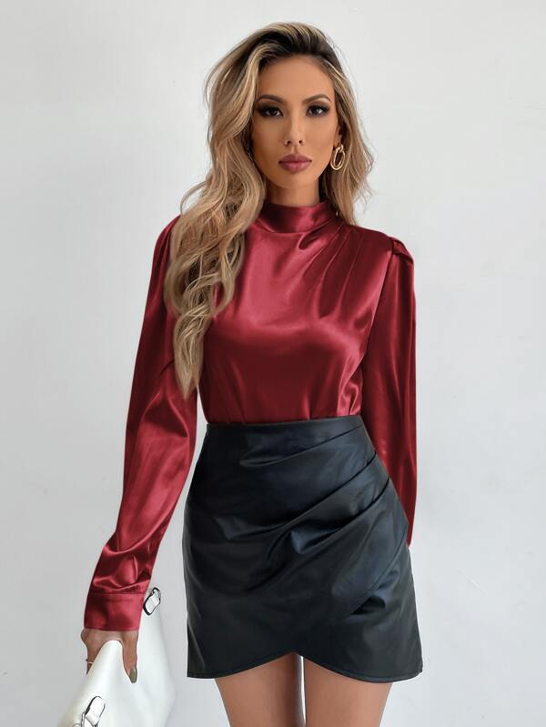 SHEIN Essnce Stand Neck Fold Pleated Satin Blouse | SHEIN USA