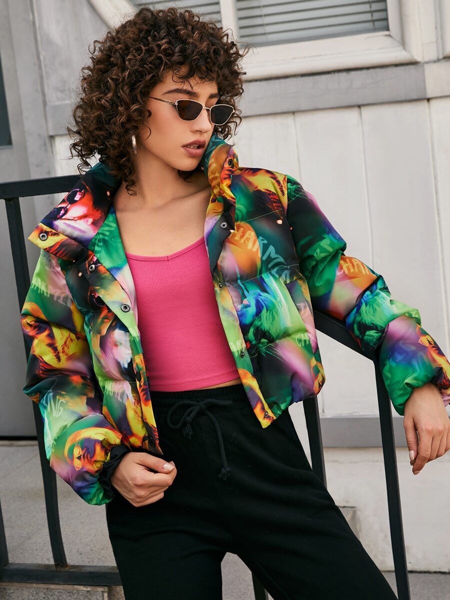 SHEIN Letter And Figure Graphic Padded Coat | SHEIN USA