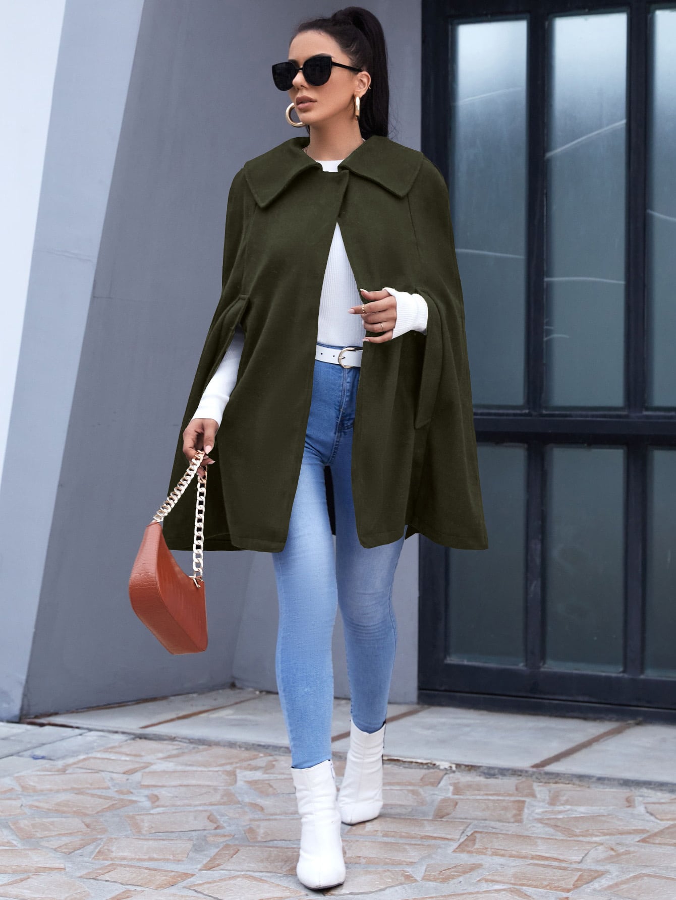 Solid Buckle Front Cape Overcoat | SHEIN UK