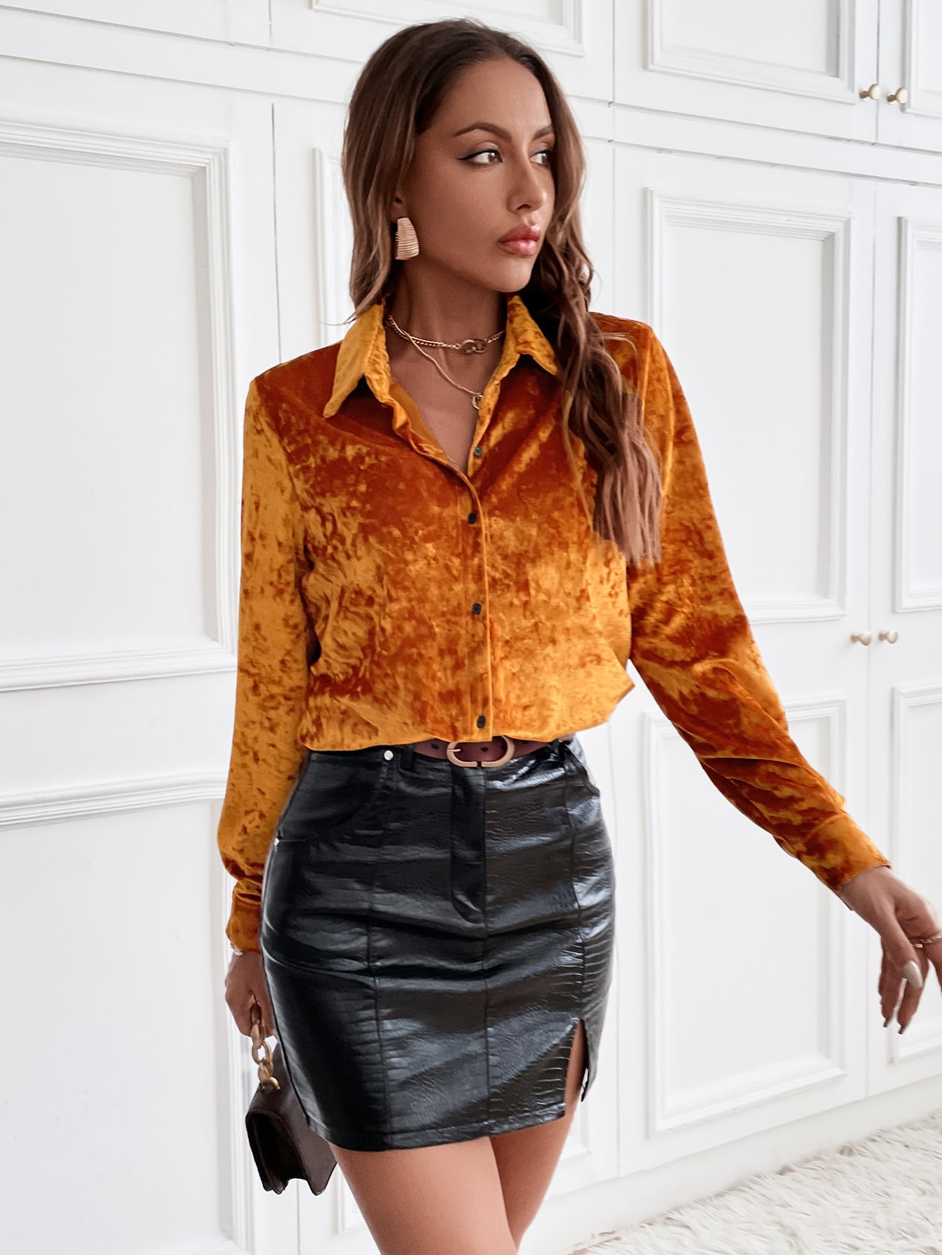 Solid Button Up Velvet Shirt | SHEIN USA