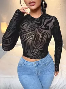 SHEIN Marble Print Sheer Mesh Crop Top | SHEIN USA