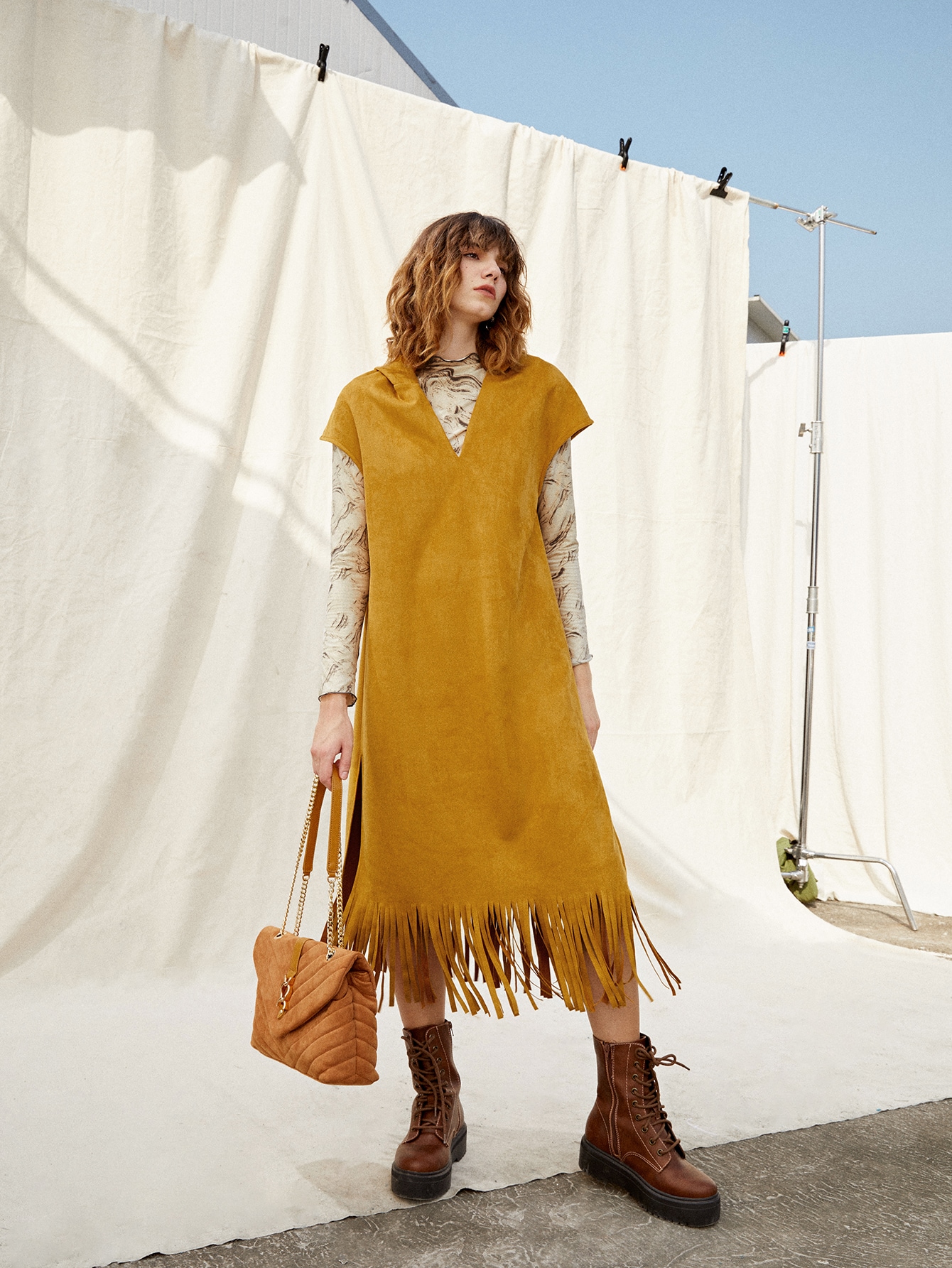 SHEIN MOD Fringe Trim Split Hem Hooded Suedette Dress | SHEIN USA