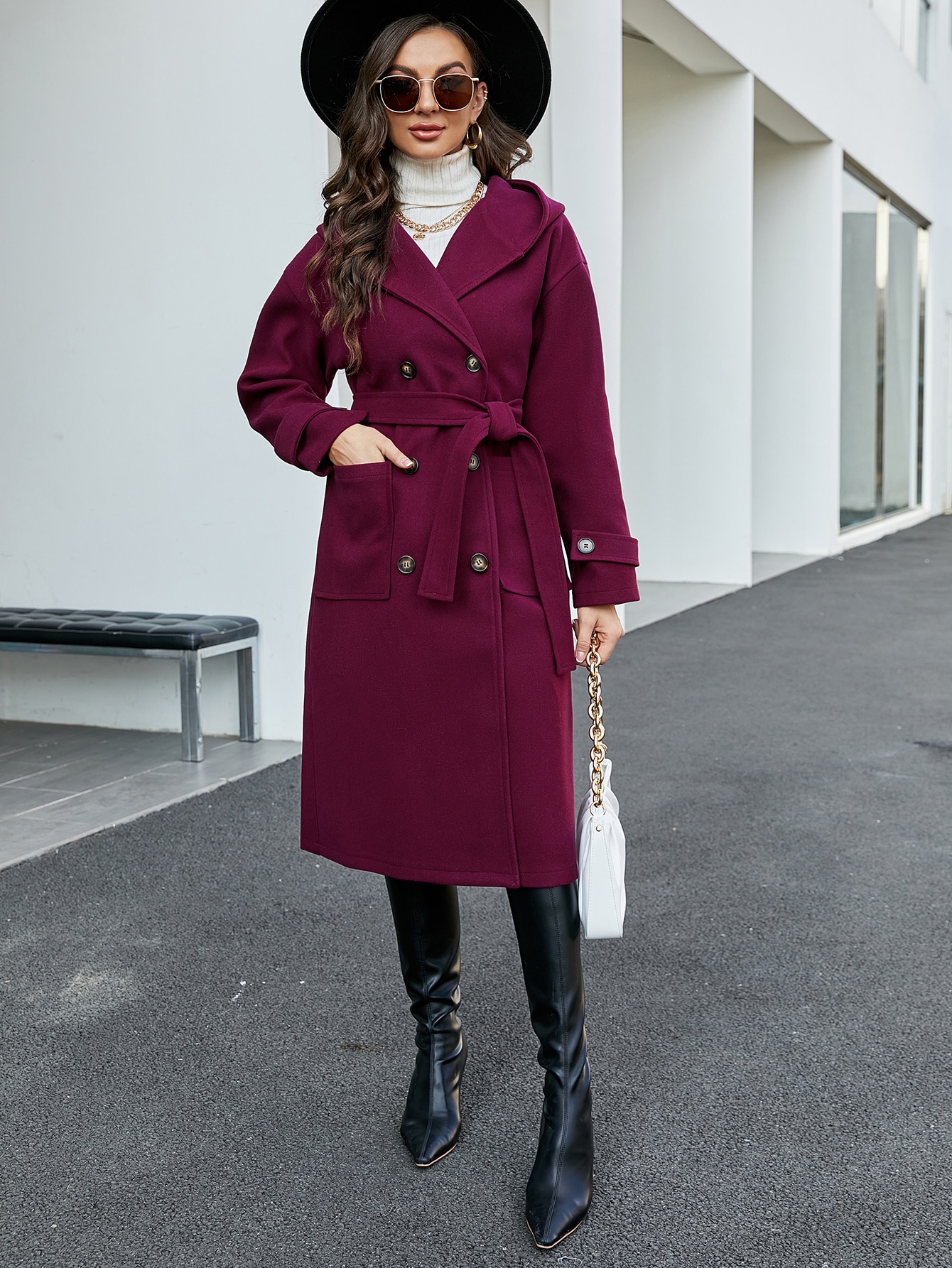 Dual Pocket Double Breasted Drop Shoulder Hooded Belted Overcoat ...