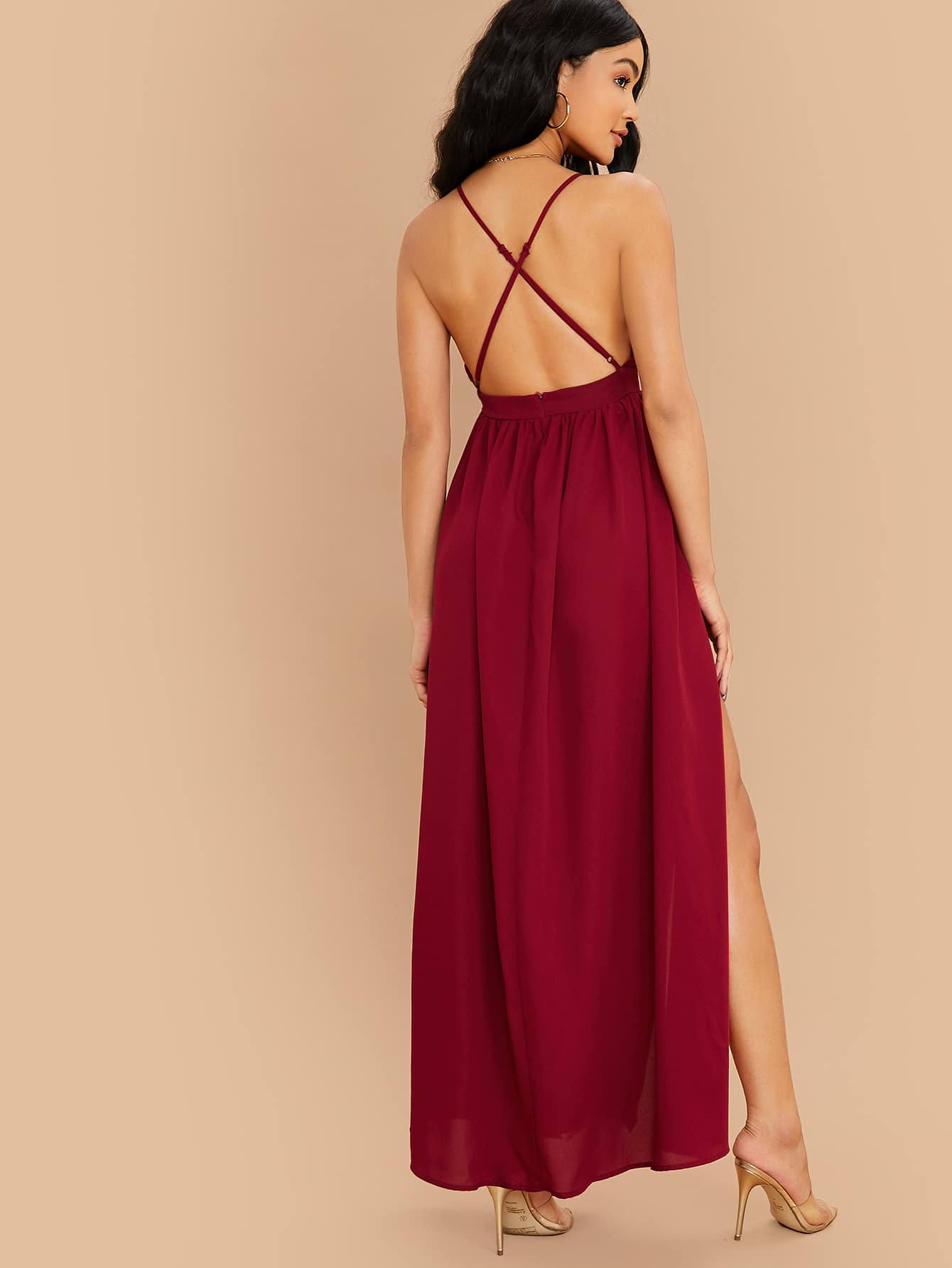 SHEIN Belle Burgundy Red Solid Color Spaghetti Strap High Slit Dress ...