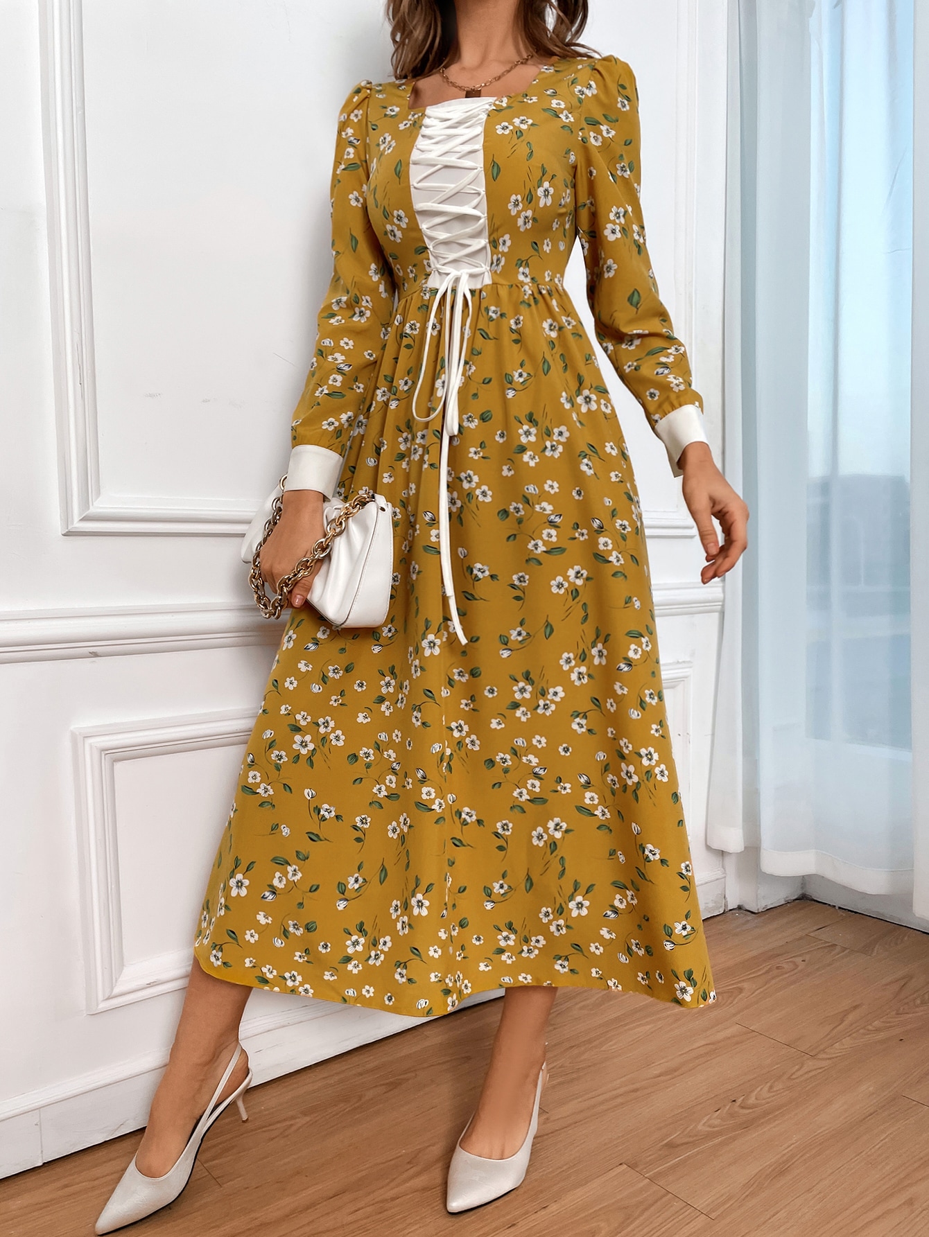 SHEIN Modely Floral Print Lace Up Front Puff Sleeve Dress | SHEIN USA