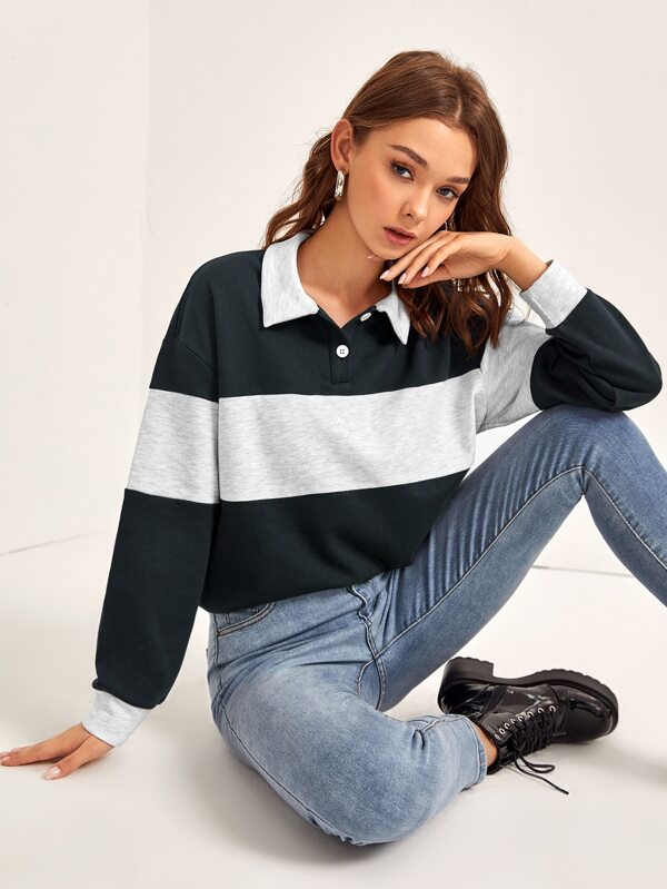 SHEIN Polo Collar Colorblock Sweatshirt | SHEIN USA