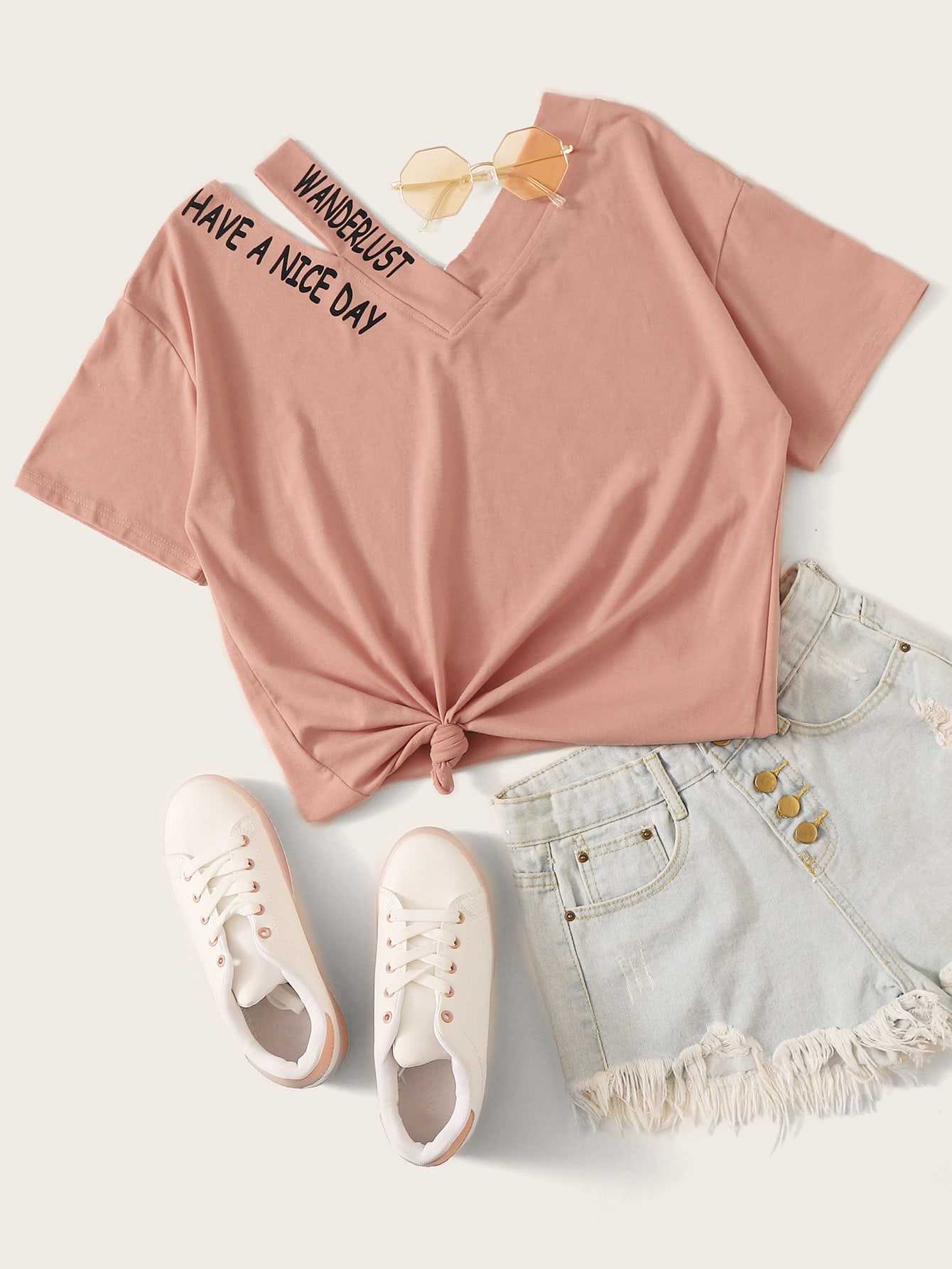 Shein Ezwear Top Con Estampado De Slogan De Hombros Con Corte Escotes V