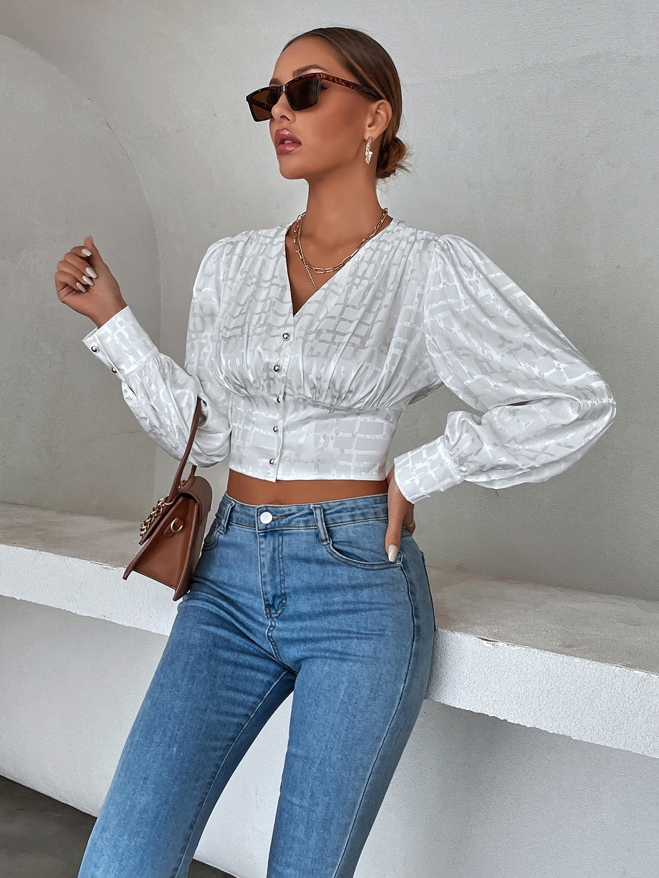 Plaid Jacquard Crop Satin Blouse | SHEIN USA