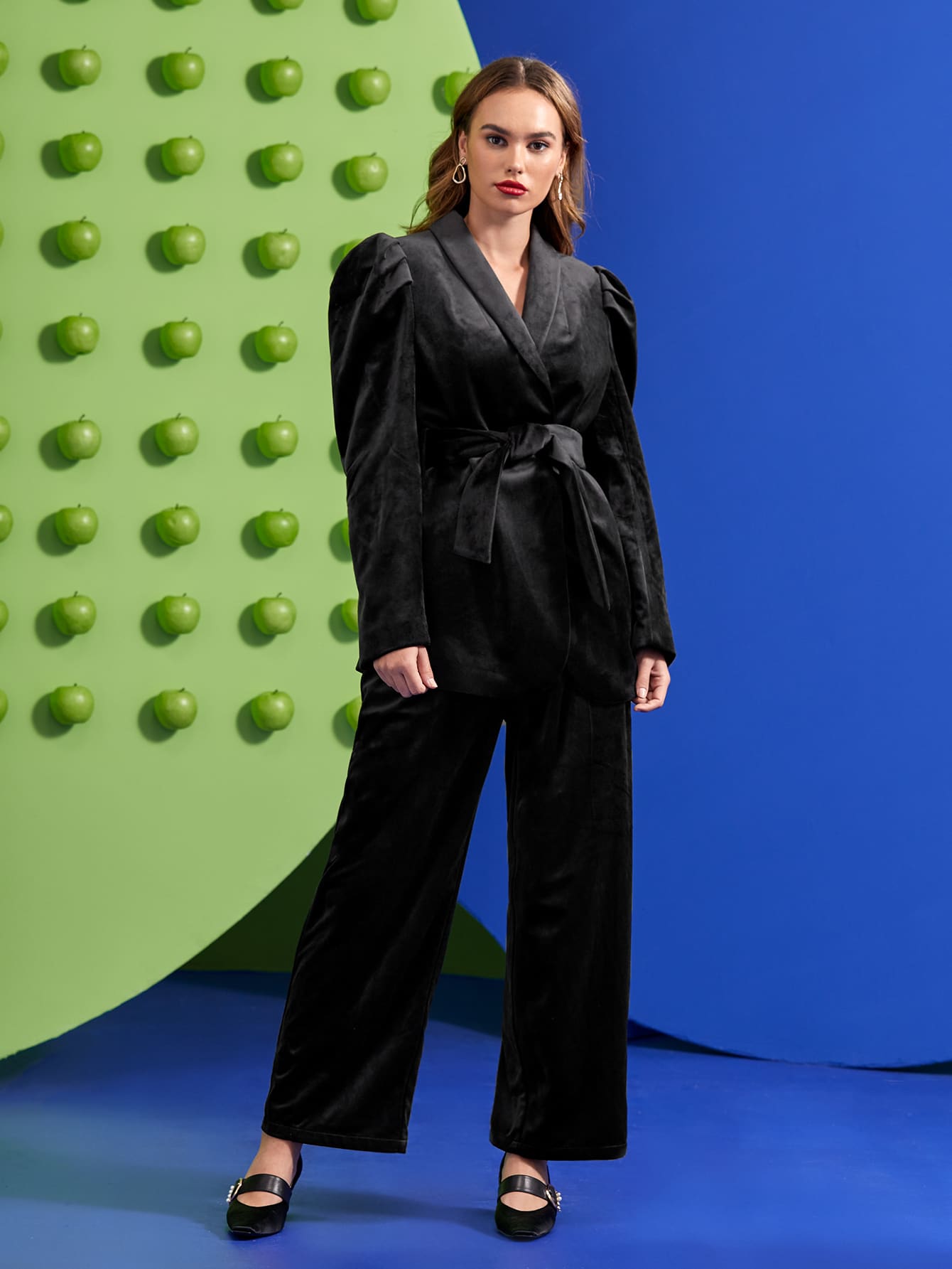 Daniela Castro Puff Sleeve Shawl Collar Belted Velvet Blazer | SHEIN UK