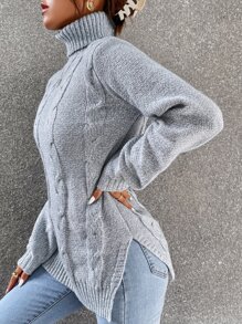 Turtleneck Split Hem Cable Knit Sweater | SHEIN USA