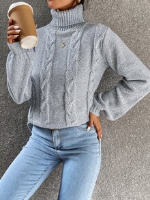 Turtleneck Split Hem Cable Knit Sweater | SHEIN USA