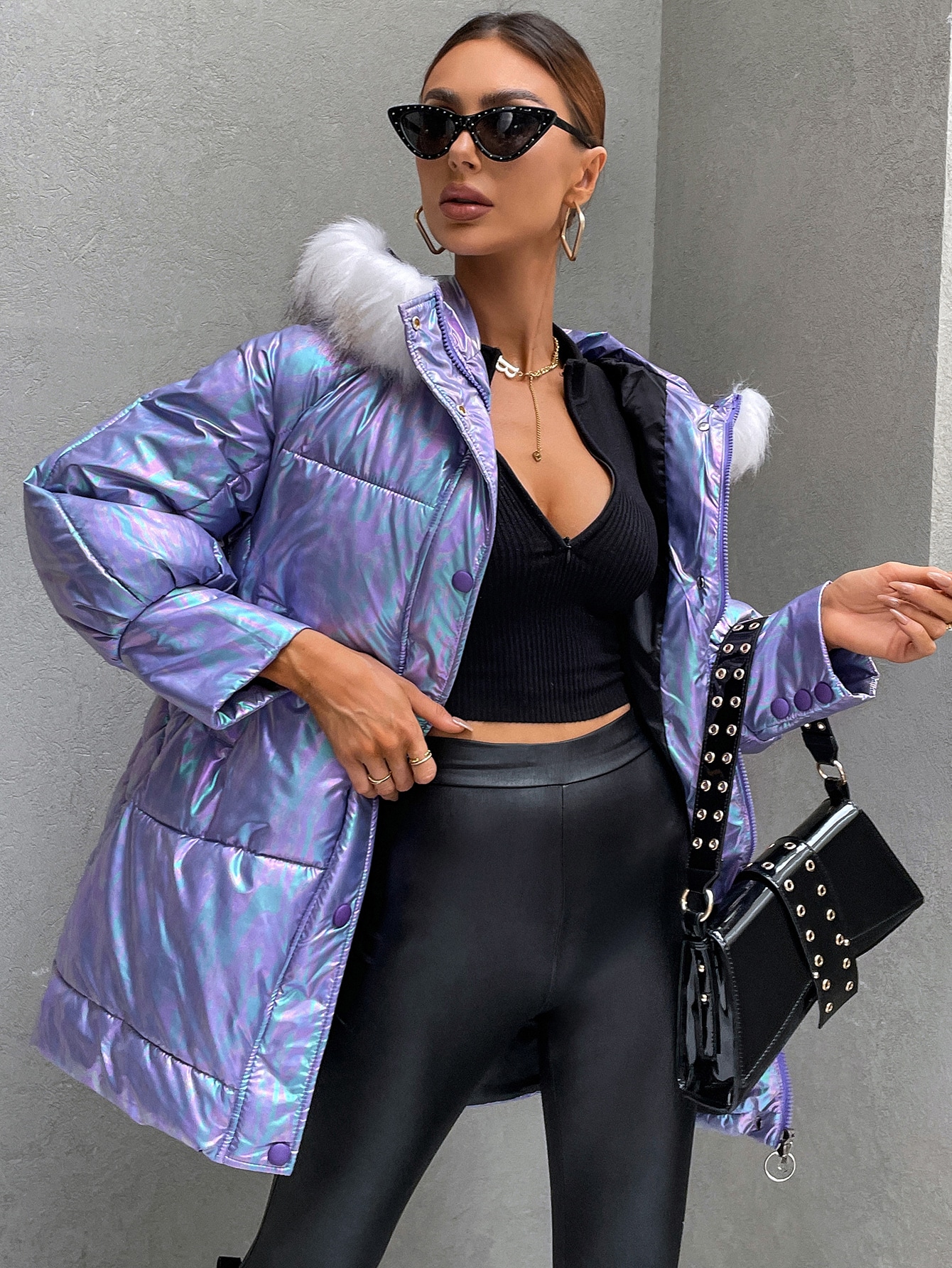 Holographic Raglan Sleeve Fuzzy Trim Hooded Metallic Puffer Coat | SHEIN UK