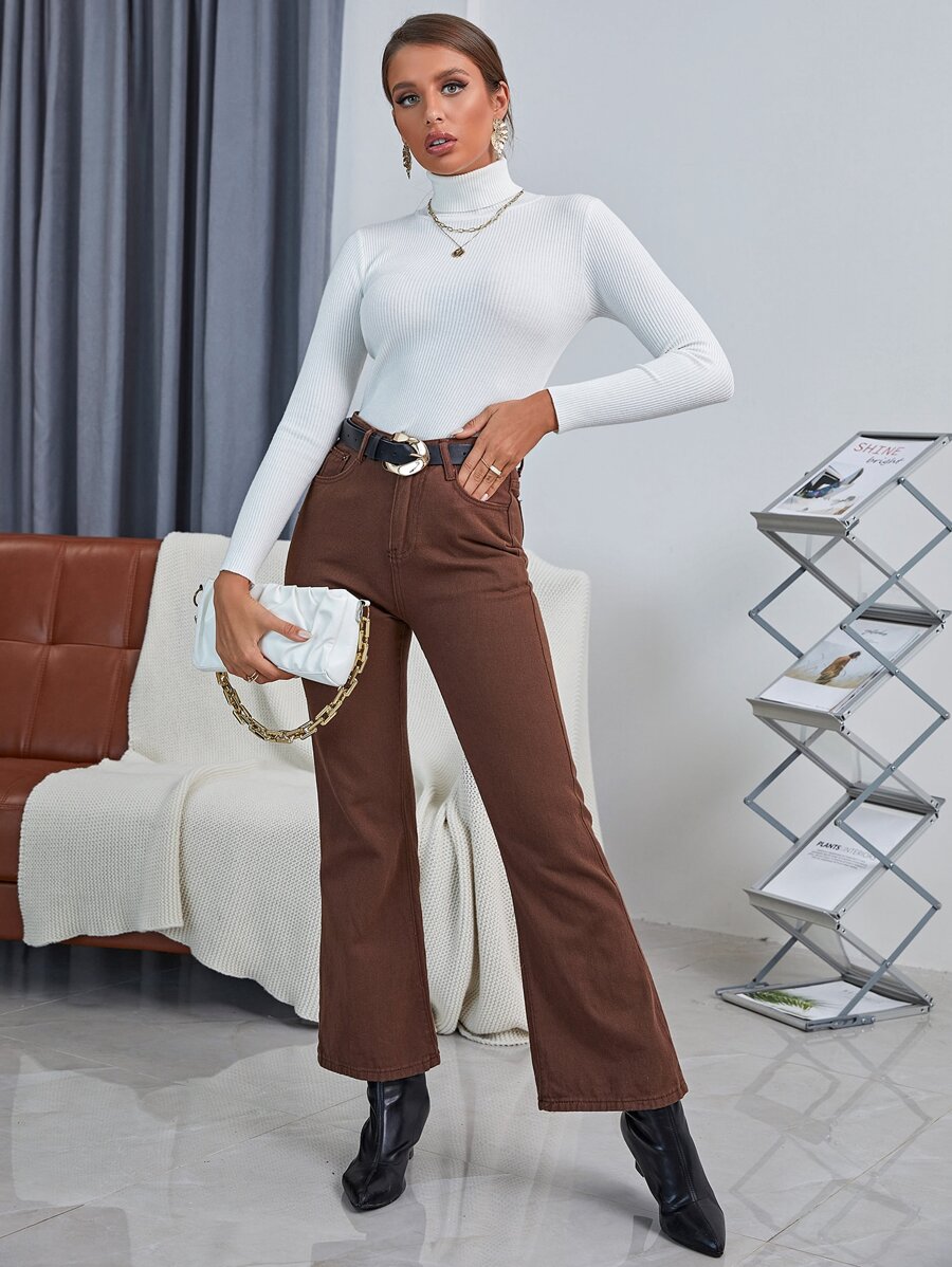 SHEIN Essnce Solid High Neck Rib Knit Sweater,Long Sleeve Tops | SHEIN USA