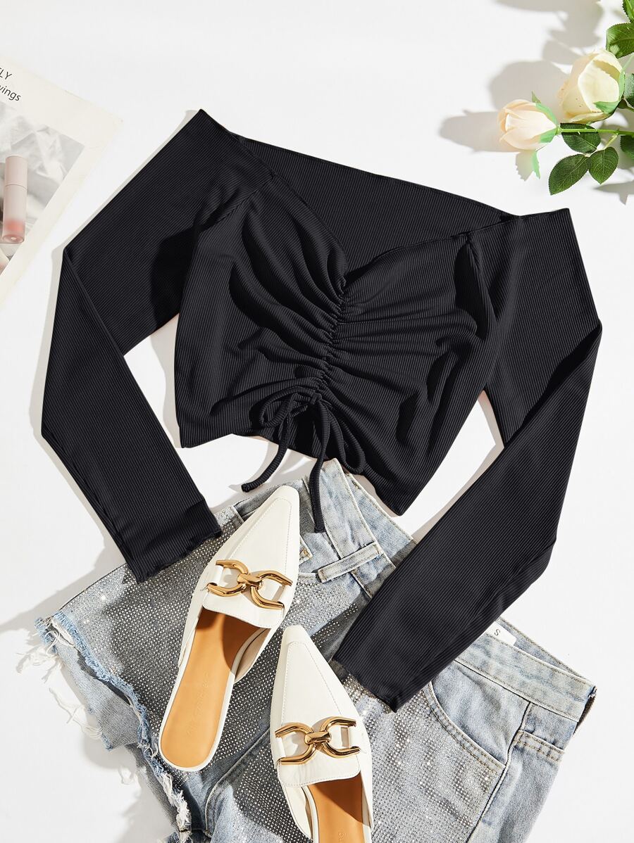 INAWLY Ribbed Knit Drawstring Front Tee | SHEIN USA