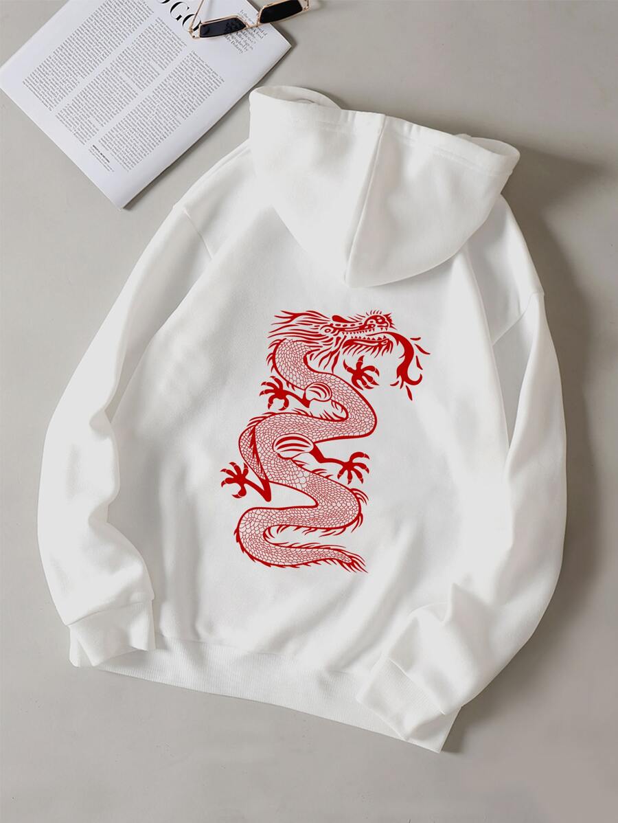 SHEIN EZwear Chinese Dragon Graphic Kangaroo Pocket Thermal Lined ...