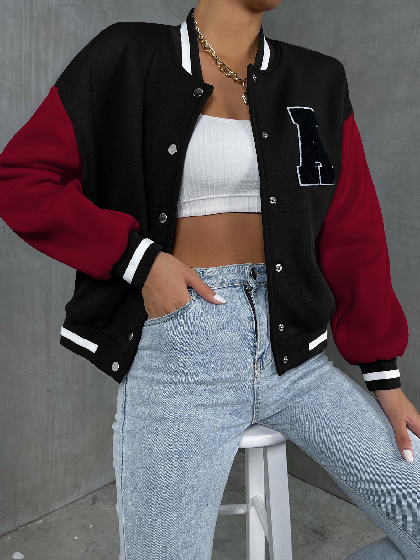 SHEIN EZwear Letter Patch Detail Drop Shoulder Colorblock Varsity ...