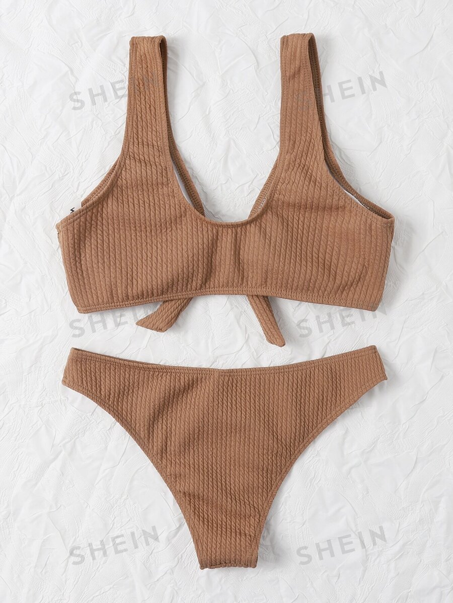 SHEIN Swim Summer Beach Solid Knot Front Bra & Swim Bottom Bikini ...