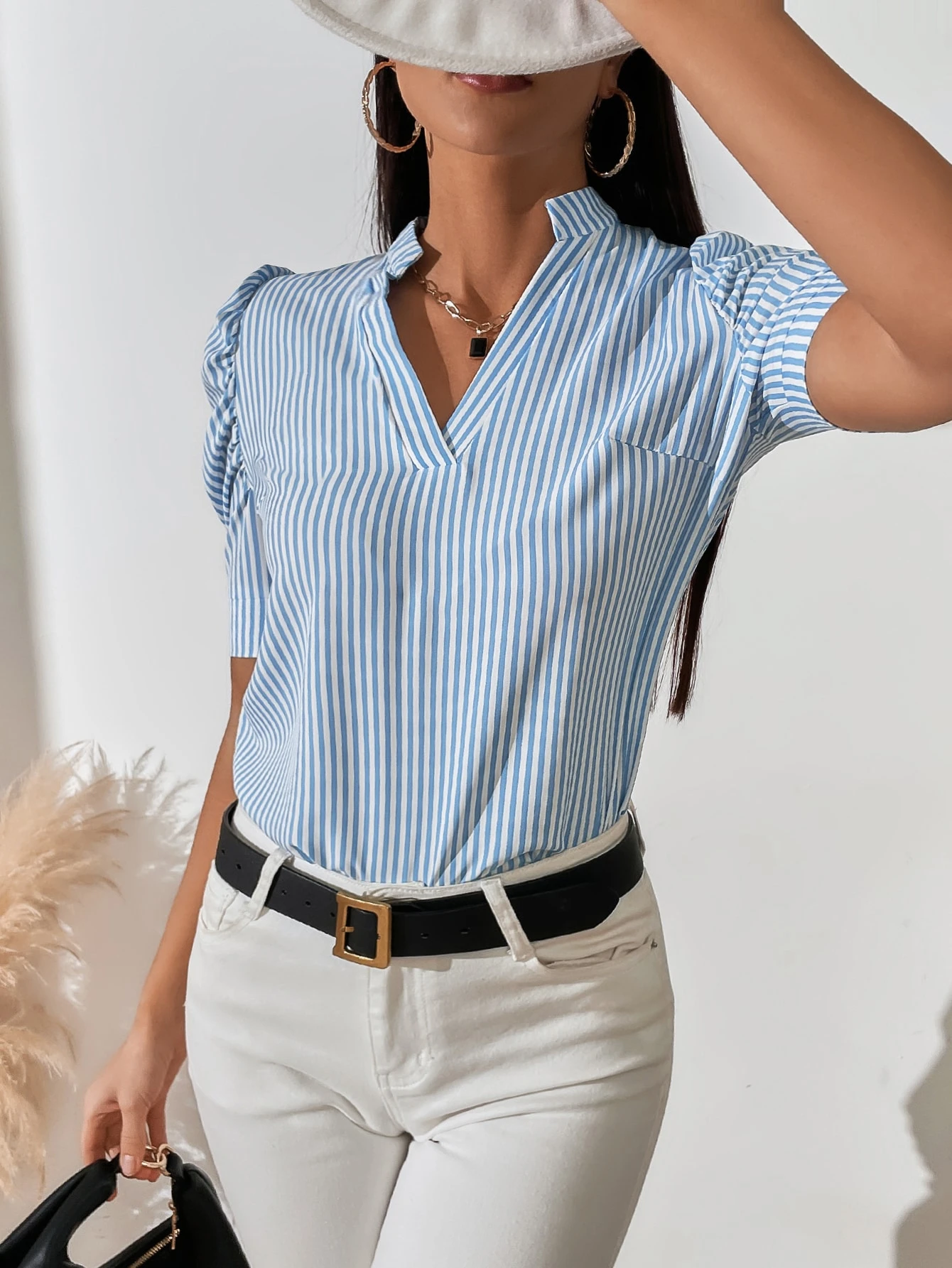Shein Clasi Notch Neck Puff Sleeve Striped Top Shein Usa