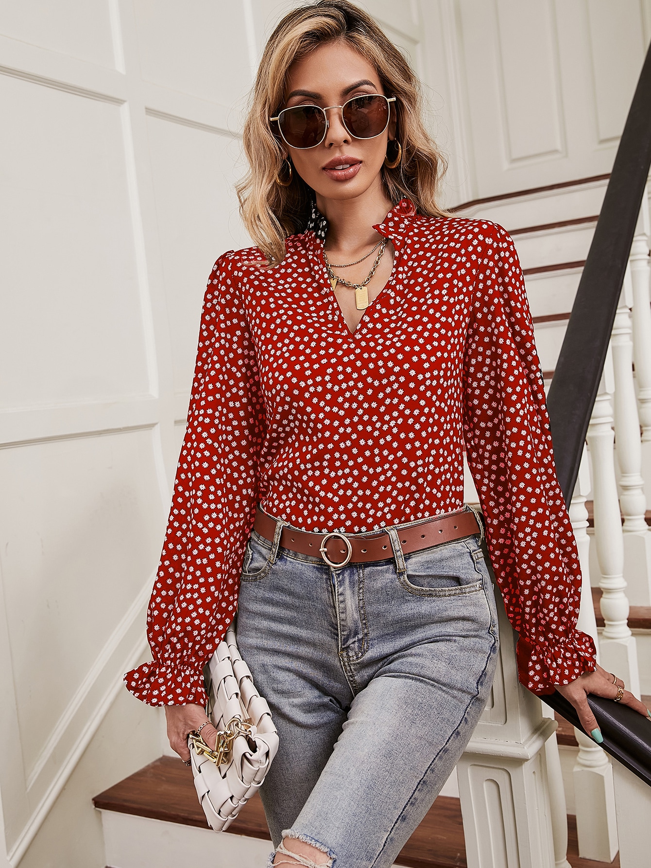 SHEIN Frenchy Ditsy Floral Print Notch Neck Flounce Sleeve Blouse ...