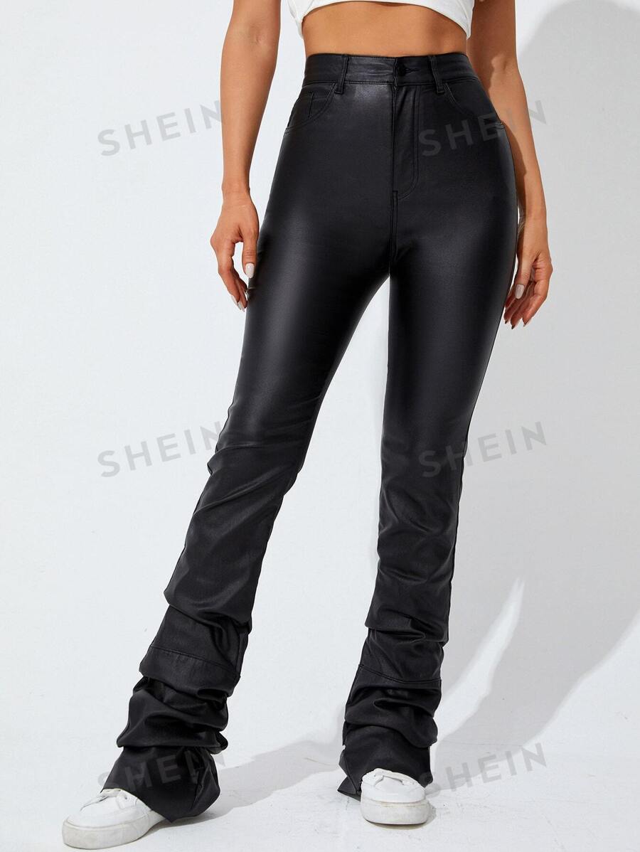 SHEIN Leather Look High Waist Stacked Jeans | SHEIN USA