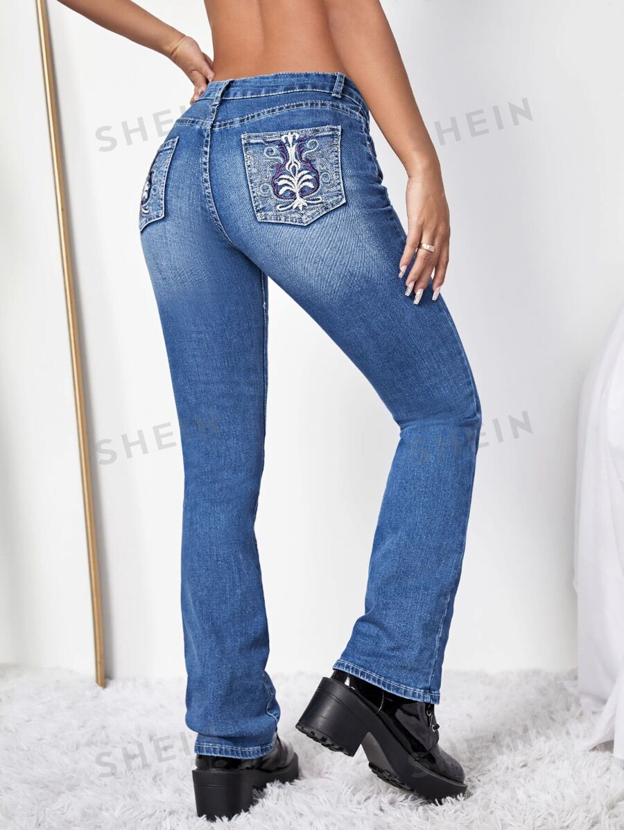 SHEIN ICON Floral Embroidery Bootcut Jeans | SHEIN UK