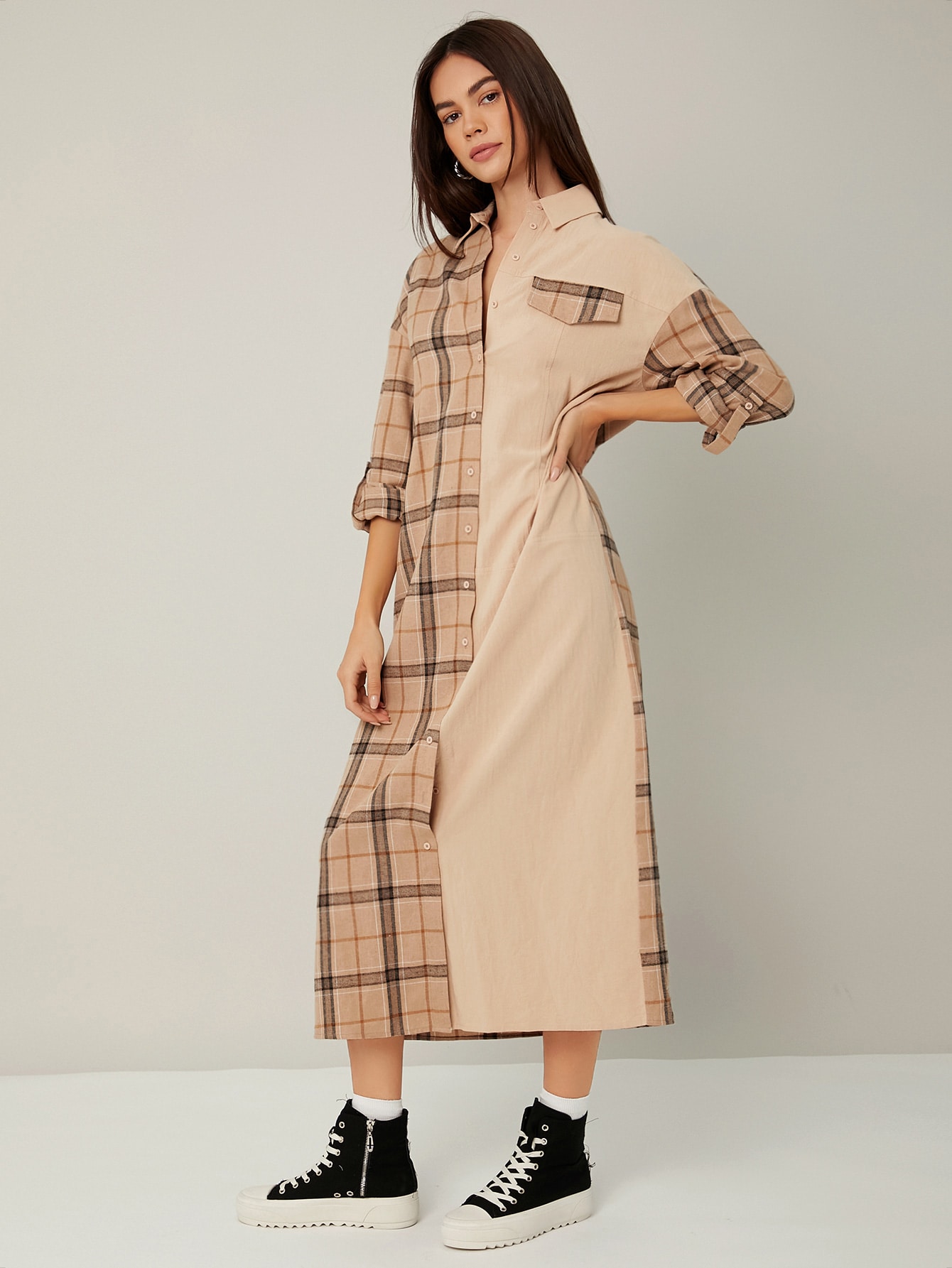 Shein Mulvari Plaid Roll Tab Sleeve Single Breasted Shirt Dress Shein Usa