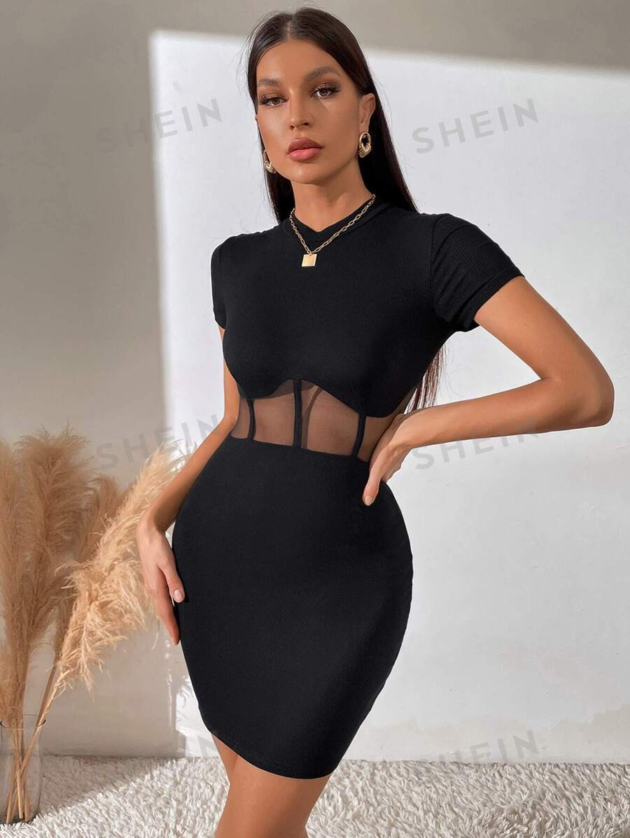 Shein Sxy Mesh Insert Mock Neck Bodycon Dress Shein Uk