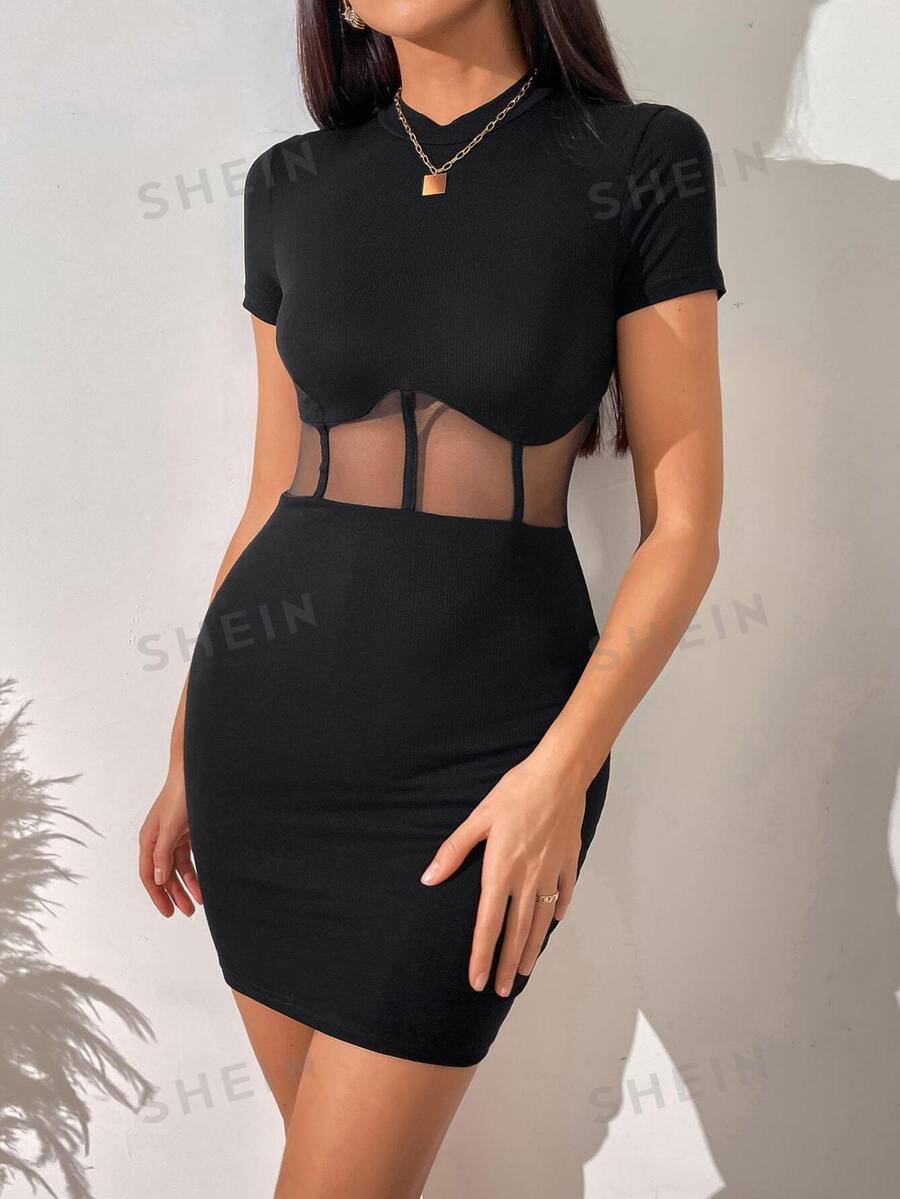 Shein Sxy Mesh Insert Mock Neck Bodycon Dress Shein Uk