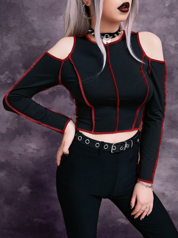 Gothic Top-stitching Cold Shoulder Crop Tee | SHEIN USA