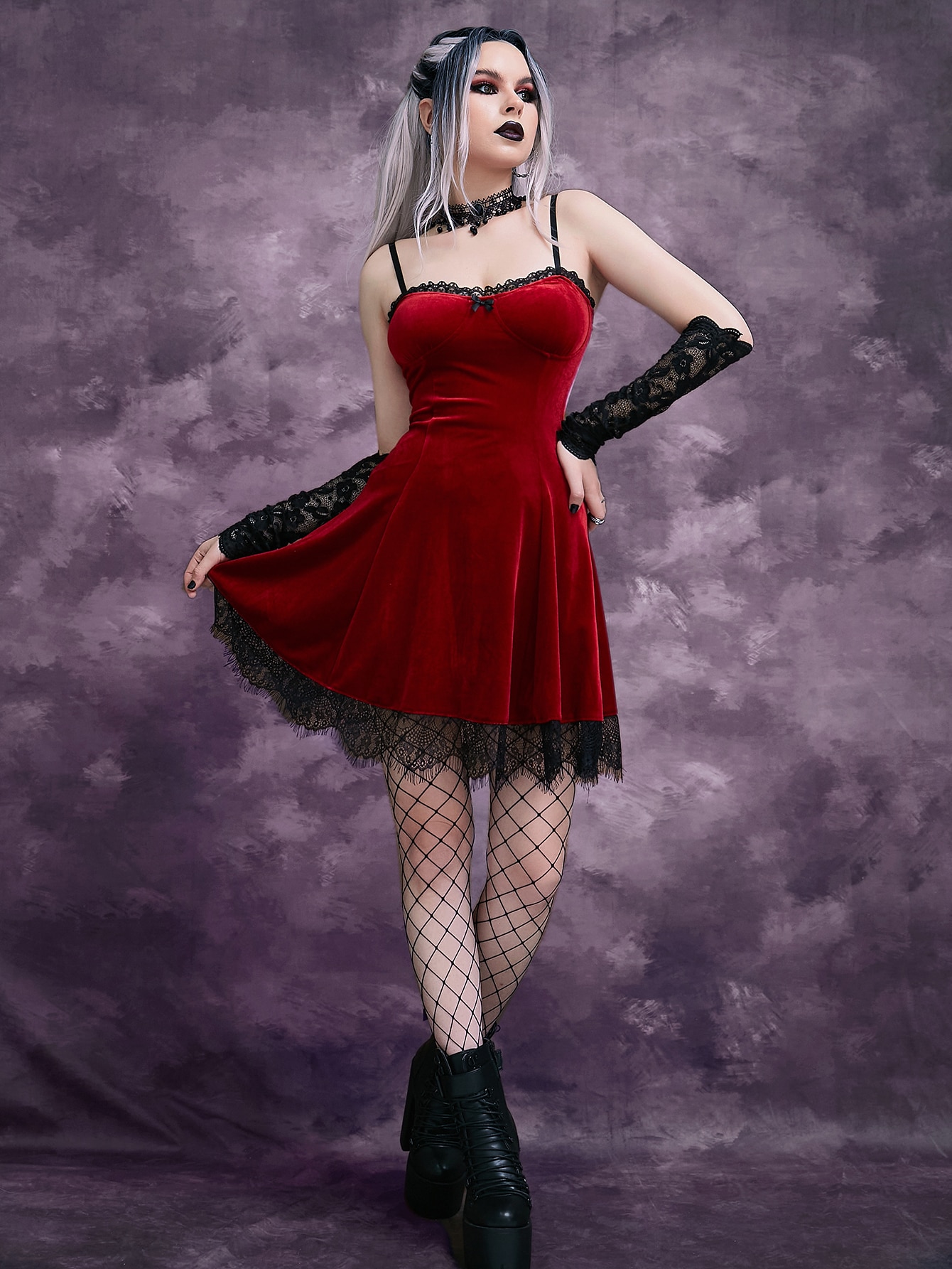 Gothic Eyelash Lace Trim Bustier Velvet Cami Dress Without Elbow Sleeve ...