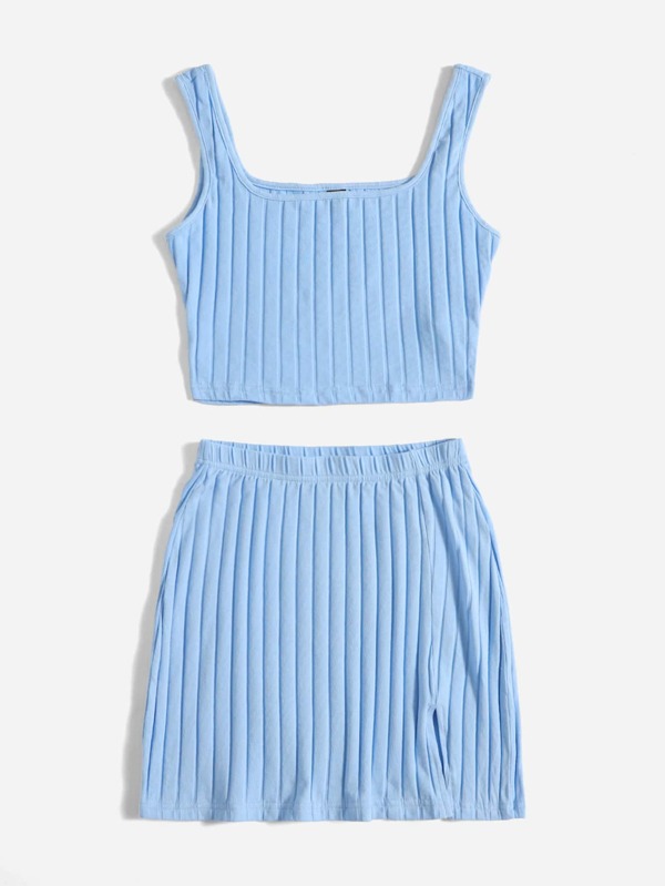 SHEIN EZwear Ribbed Cropped Tank Top & Mini Skirt Set | SHEIN USA