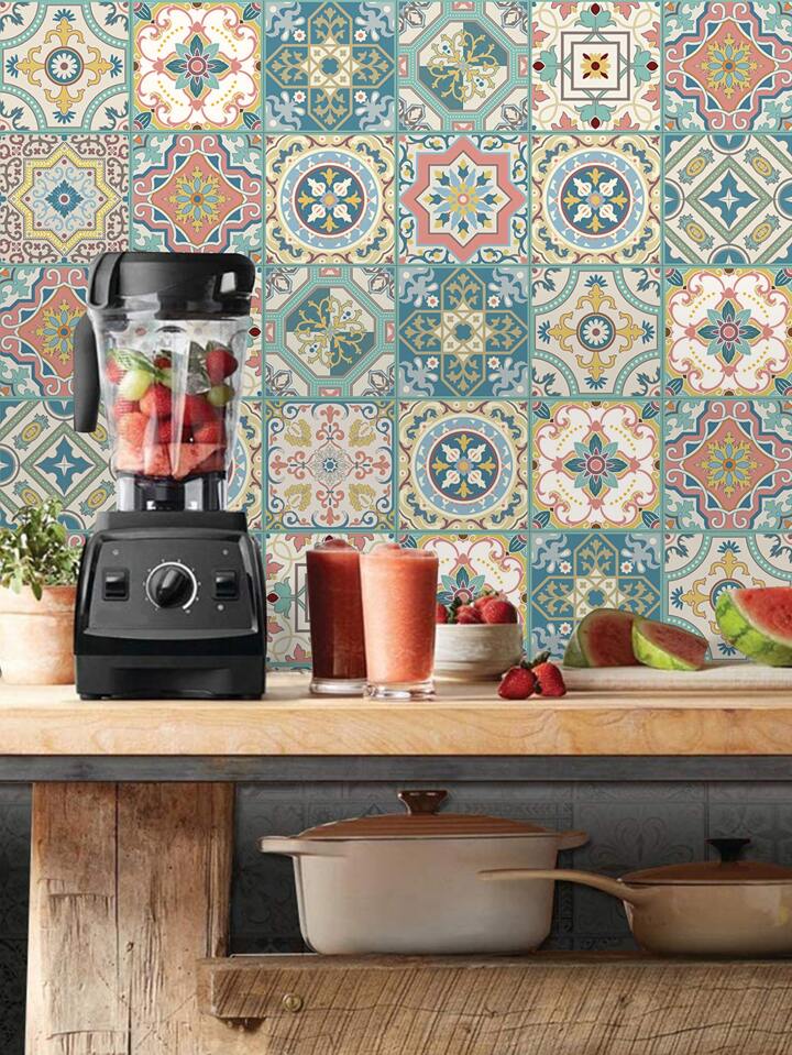 12pcs/set Vintage Tile Pattern Wall Paper, Boho PVC Geometric Pattern ...