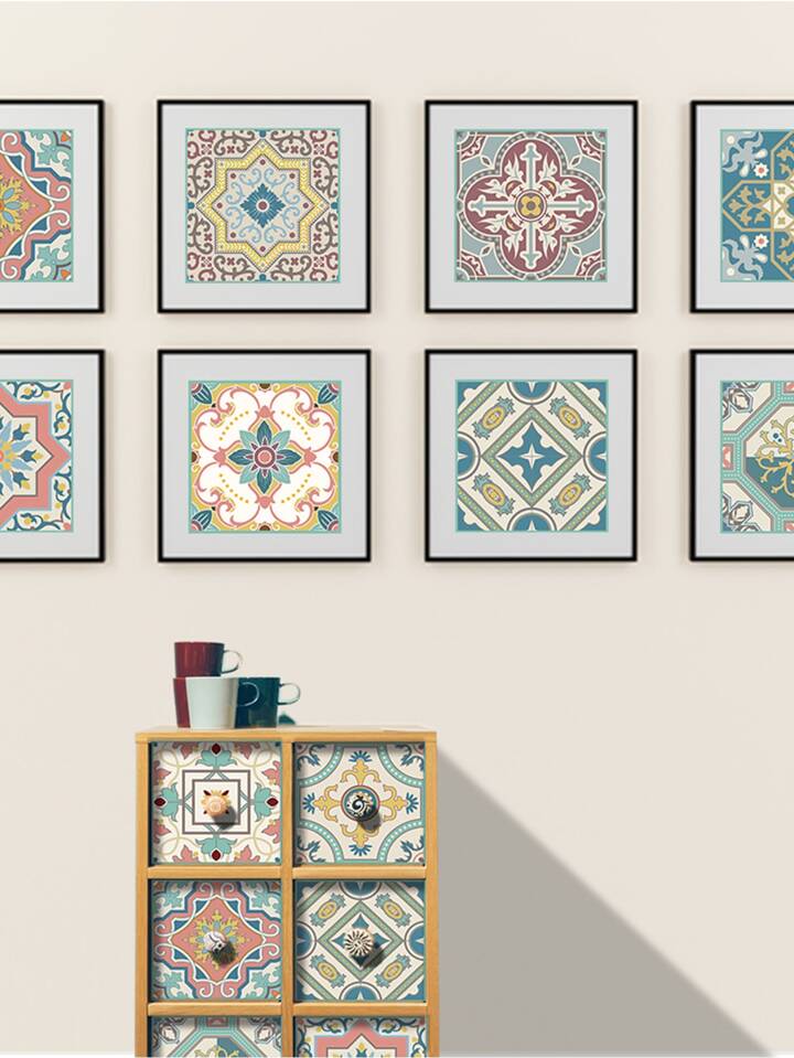 12pcs/Set Vintage Tile Pattern Wall Paper, Boho PVC Geometric Pattern ...