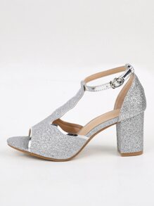 Glitter Ankle Strap Chunky Heeled Sandals | SHEIN USA