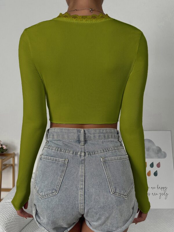 Lace Trim Button Front Rib Knit Crop Top Shein Usa