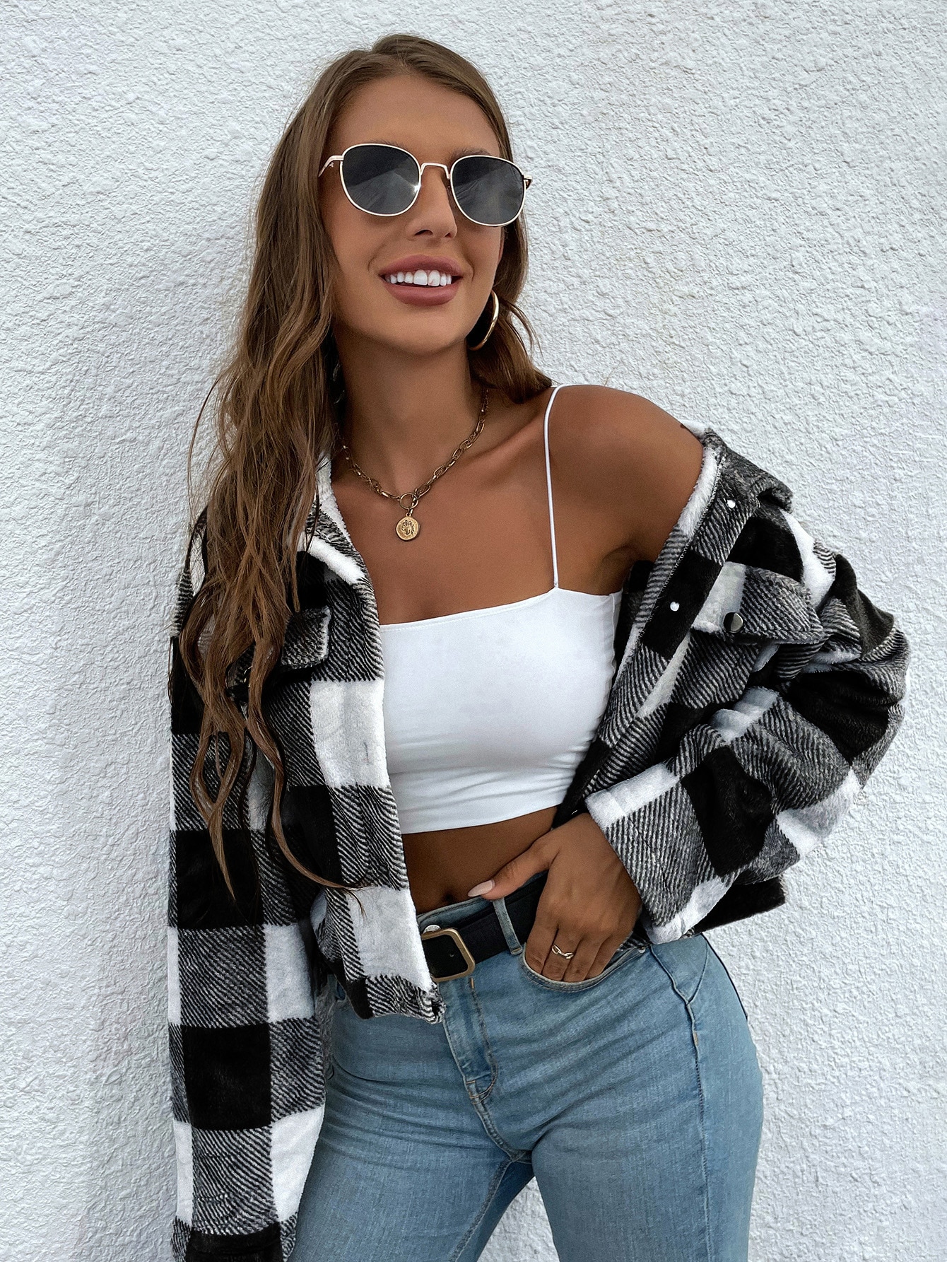 SHEIN EZwear Buffalo Plaid Pattern Drop Shoulder Crop Flannel Jacket ...